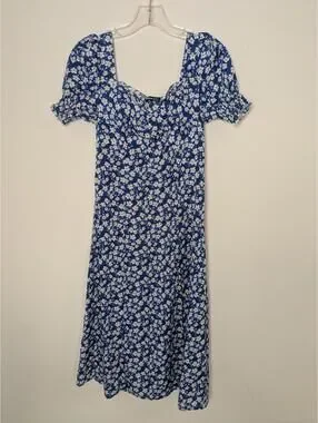 SHEIN | Dresses | Shein Xs Blue White Floral Puff Sleeve Midi Dress Y2k ...